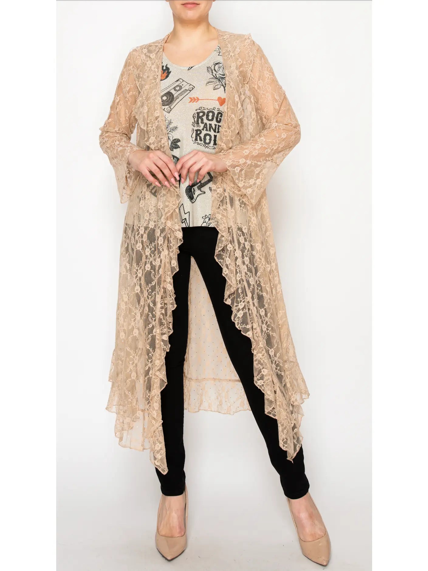 Origami - Lightweight Floral Lace Ruffle Duster with Sparkles- TAUPE ...