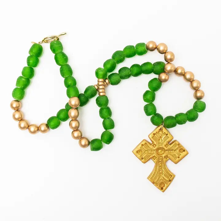 Hidden Truth Jewelry - 34 inch Green African Glass with Amy Cross Neck ...